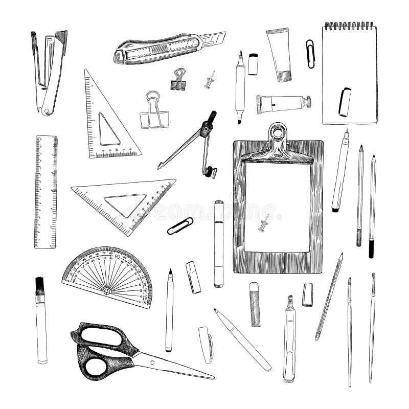 Set of Stationary , Hand Draw Element Sketch Vector. Work Place Stock ...