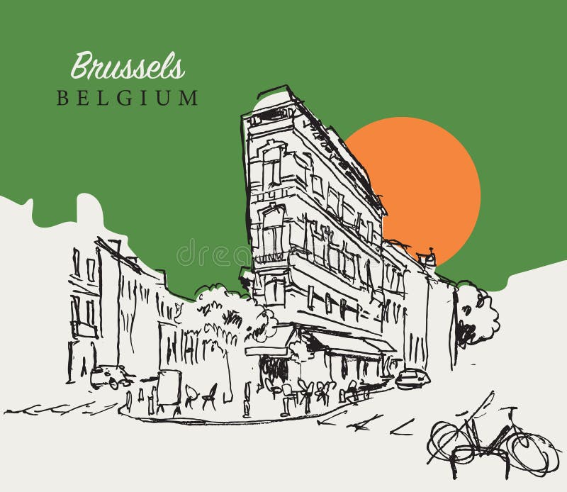 Vector Hand Drawn Illustration of a Street in Brussels, Belgium Stock ...