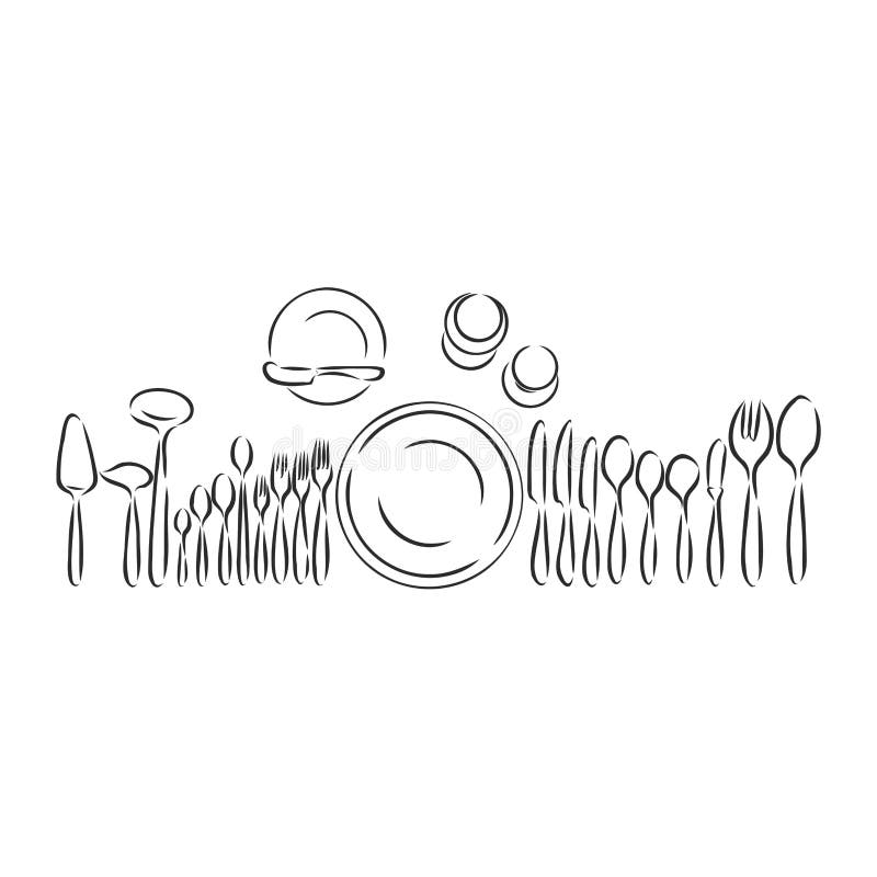 Vector Hand Drawn Illustration with Table Setting Set. Sketch. Vintage ...
