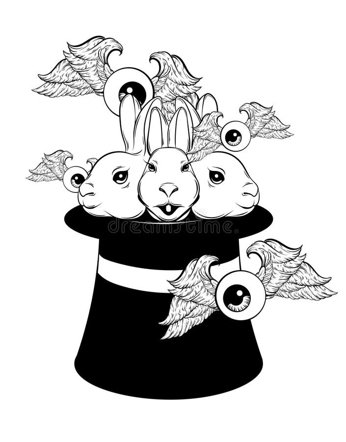 Vector Hand Drawn Illustration of Three Rabbits in Top Hat with Flying ...