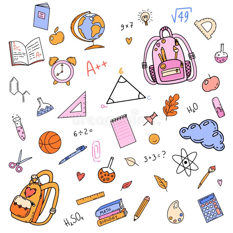 Vector Hand Drawn Images of School Stuff in Doodle Style. Collection of ...