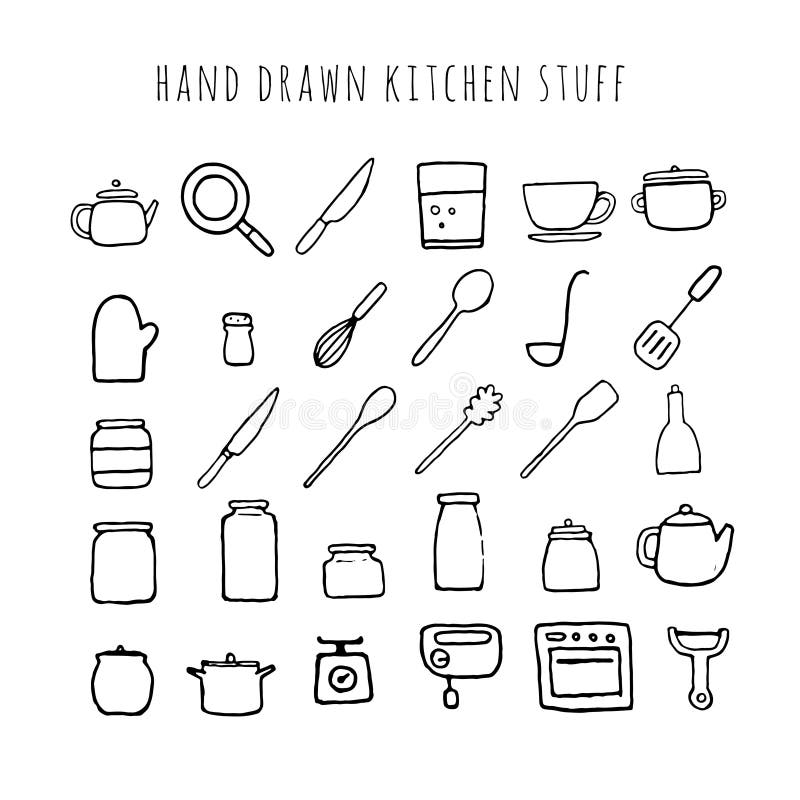 Vector Hand Drawn Kitchen Stuff. Collection of Kitchen Tools. Stock ...
