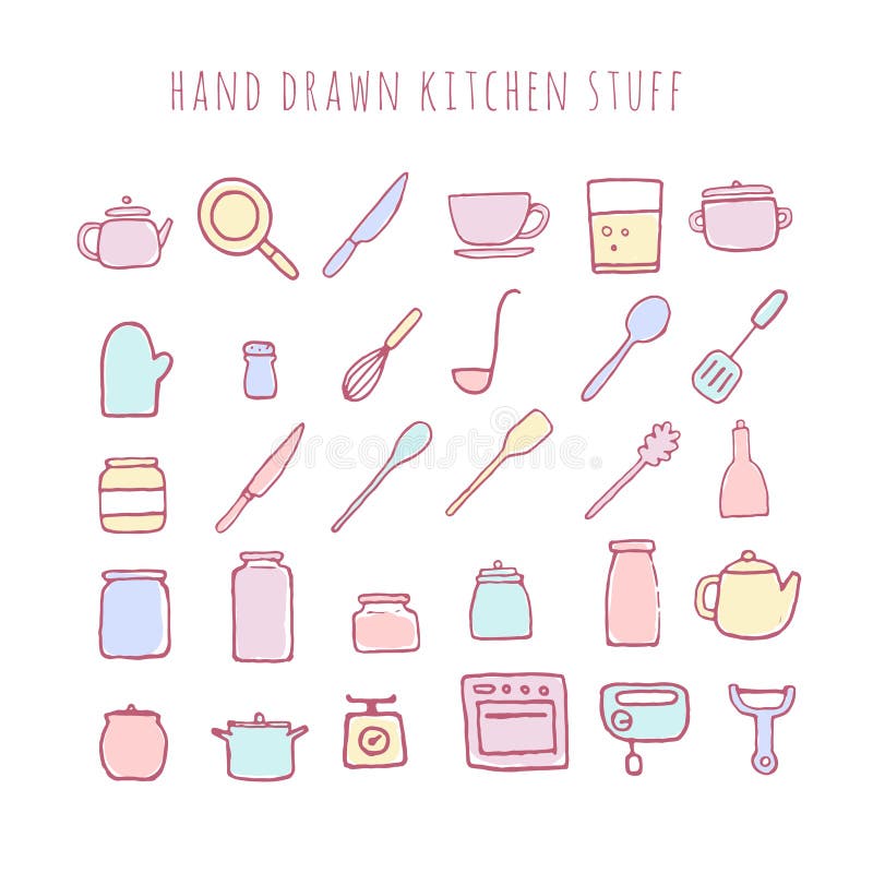 Vector Hand Drawn Kitchen Stuff. Collection of Kitchen Tools. Stock ...