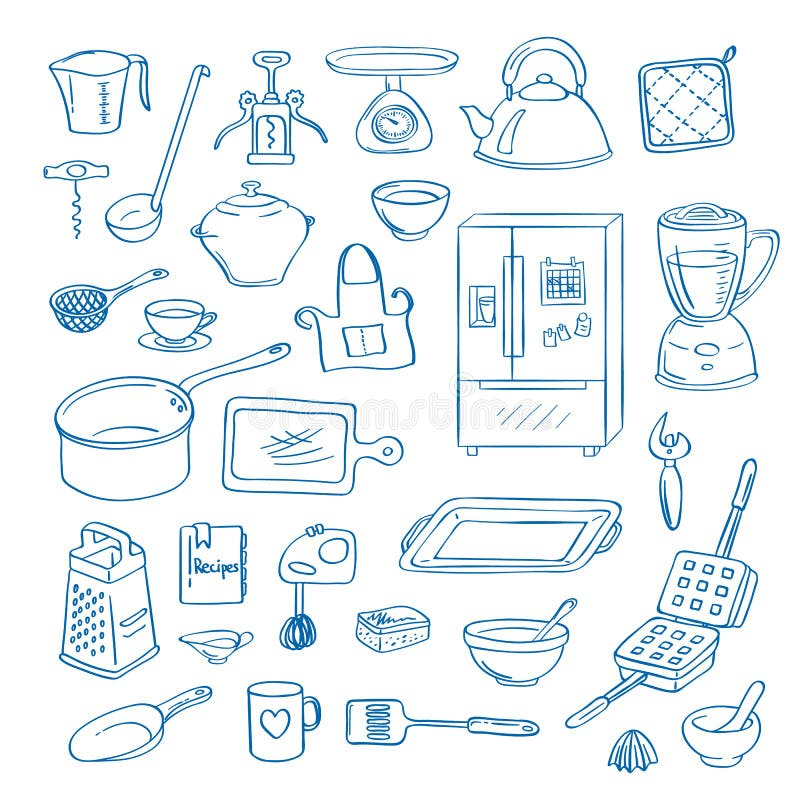 Vector Hand Drawn Kitchen Utensils Doodle Icons Set Illustration Stock ...