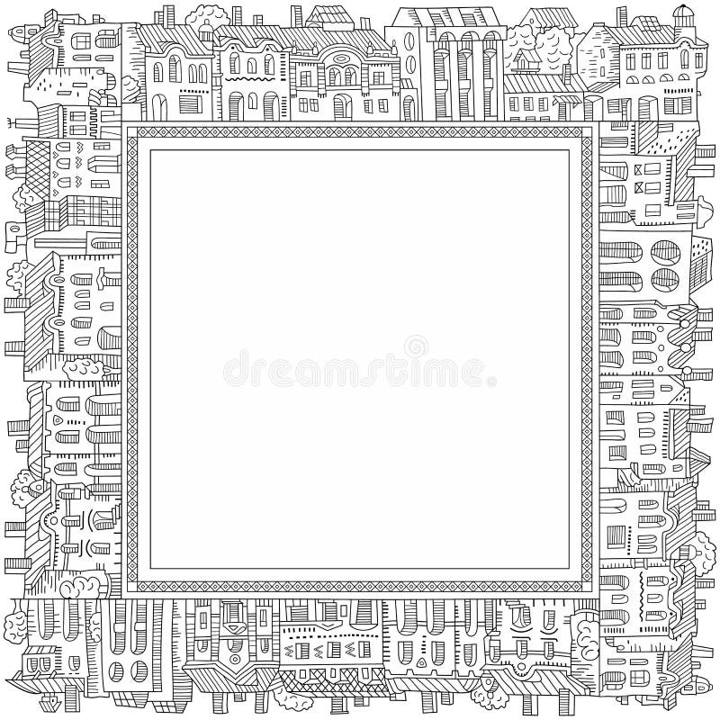 Vector Hand Drawn Linear Cartoon Houses Frame. Stock Vector ...
