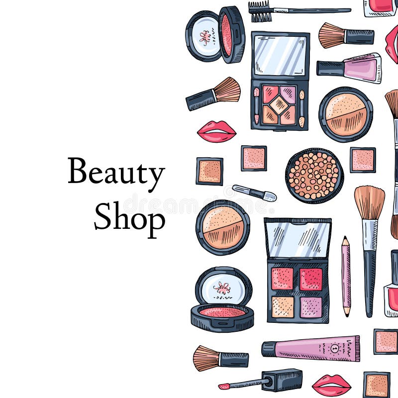 Makeup Products For Women Colored Hand Drawn Illustrations Of Different Cosmetic Accessories