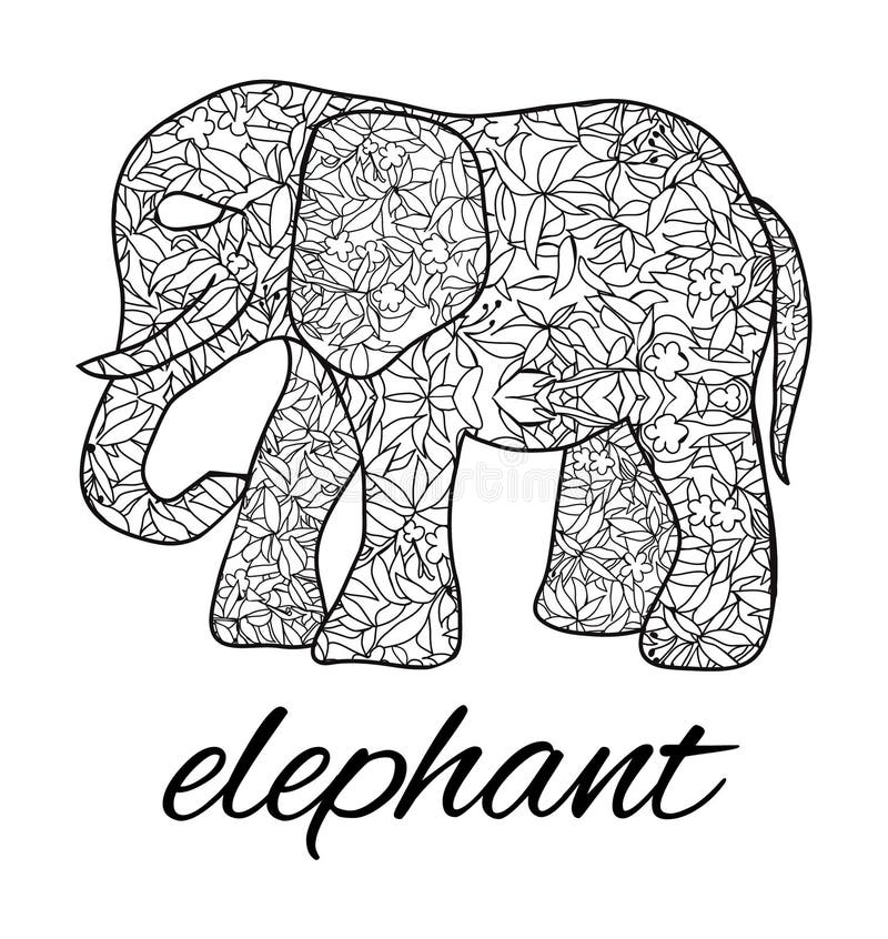 Stylized Elephant with Decorative Botanical Ornament Illustration Stock ...