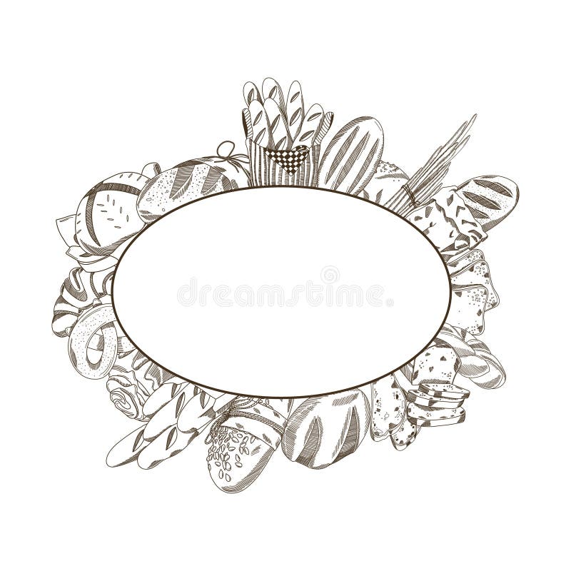 Vector Hand Drawn Oval Frame Border of Bakery Products Stock Vector ...