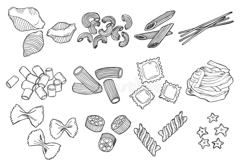 Vector Hand Drawn Pasta Set. Vintage Line Art Illustration Stock ...