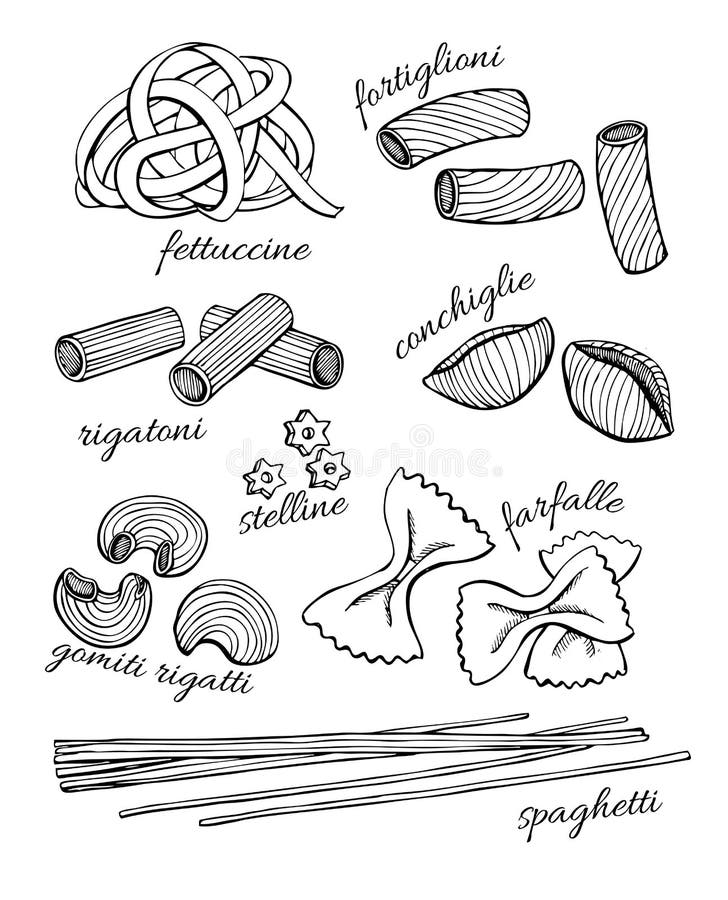 Vector Hand Drawn Pasta Set. Vintage Line Art Illustration. Stock ...