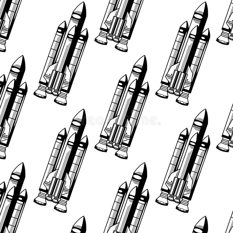 Vector Hand Drawn Pattern with Illustration of Realistic Rocket . Stock ...