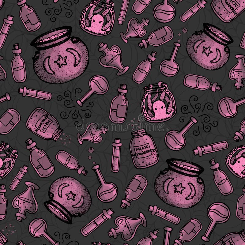 Vector Hand Drawn Pink Alchemy Bottles Seamless Pattern Stock Vector ...