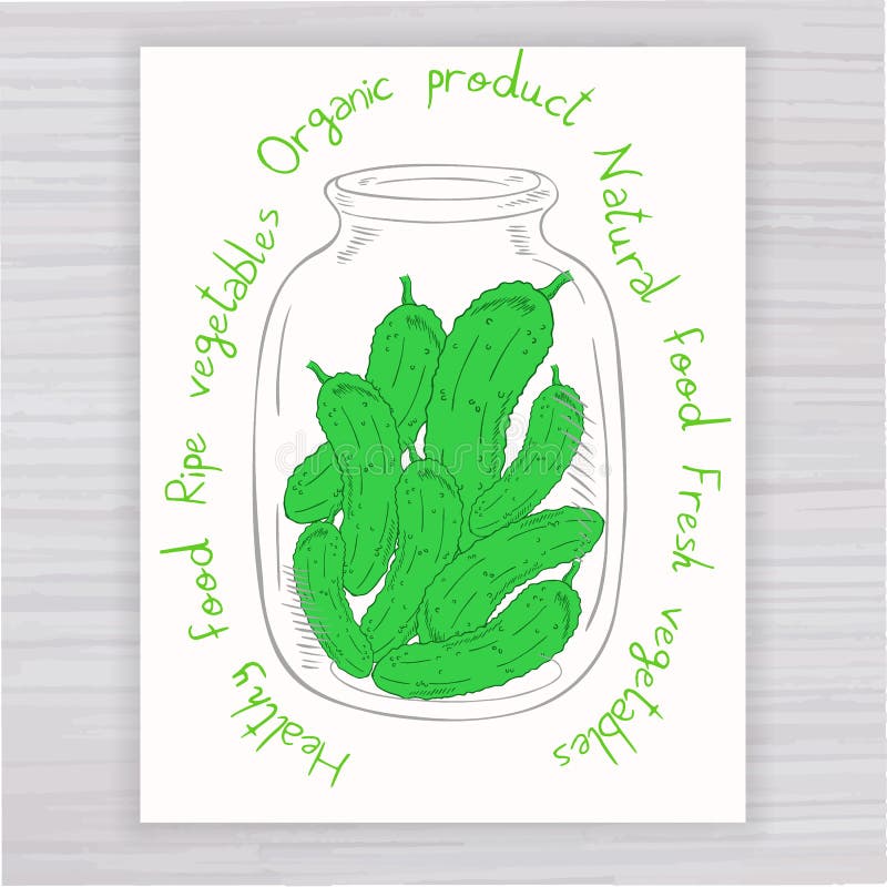 Vector Hand Drawn Poster with Jar Full of Cucumber with Text on Wooden ...