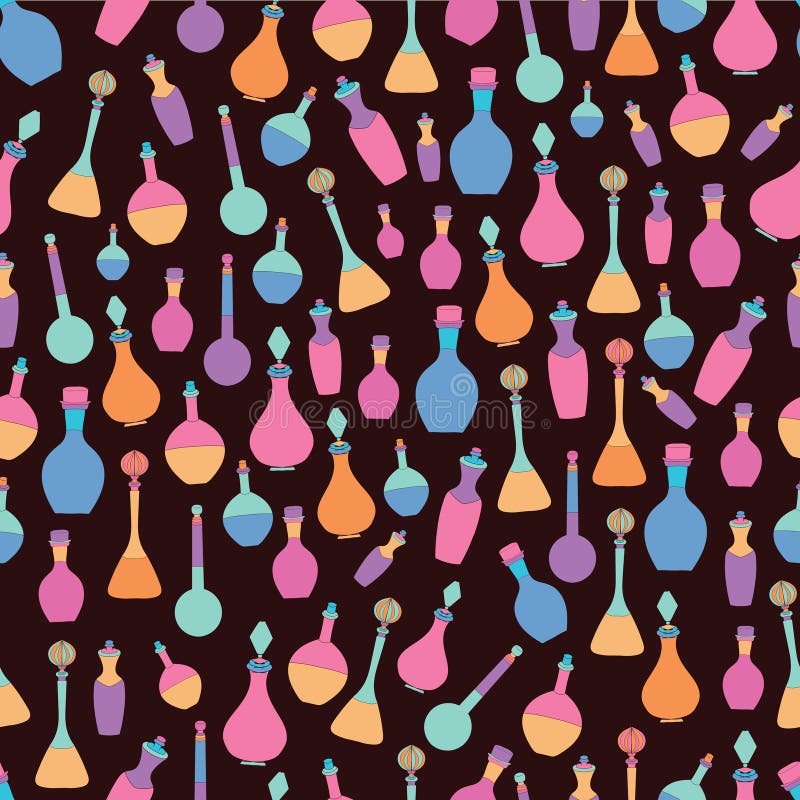 Vector Hand Drawn Potion Flasks and Bottles Seamless Pattern, Perfect ...