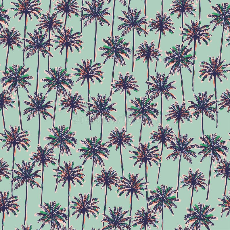 Vector Hand-drawn Retro Color Palm Tree Illustration Seamless Repeat ...