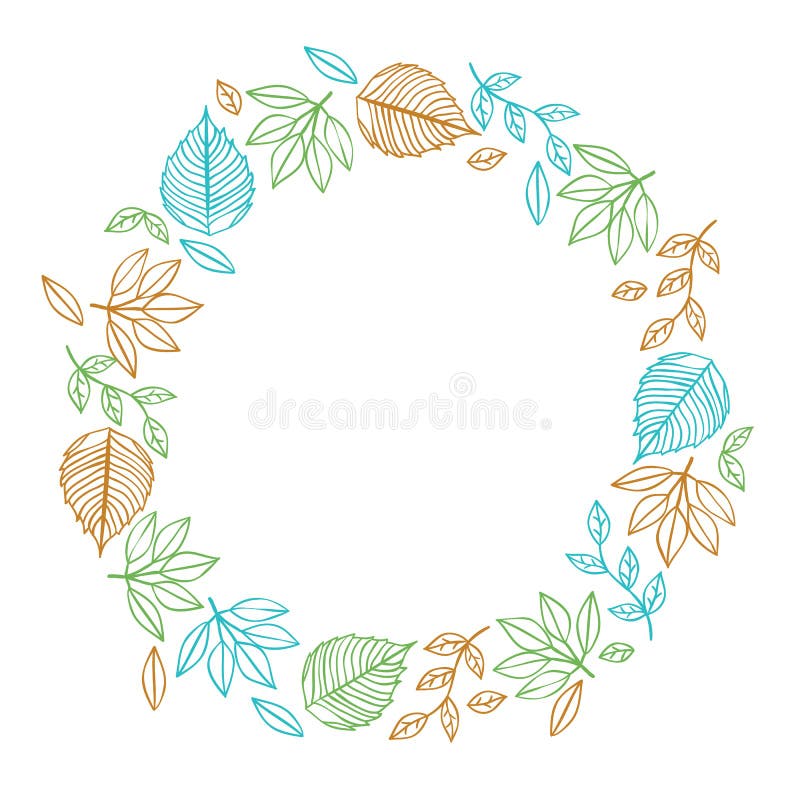 Vector Hand Drawn Round Frame with Pastel Colored Leaves Isolated on ...