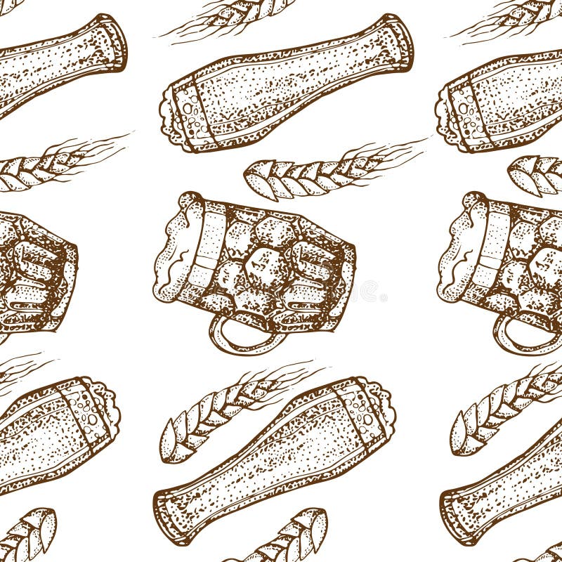 Vector Hand Drawn Seamless Pattern of Beer Glass Mug. Hops and Wheat ...