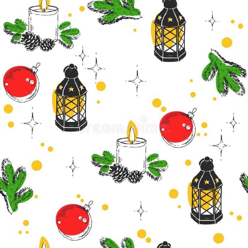 Vector Hand-drawn Seamless Pattern with Christmas Decorations. Endless ...
