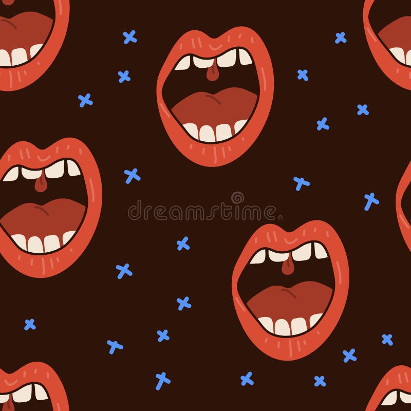 Vector Hand Drawn Seamless Pattern Cute Mouth Lips. Red, Black, Blue ...