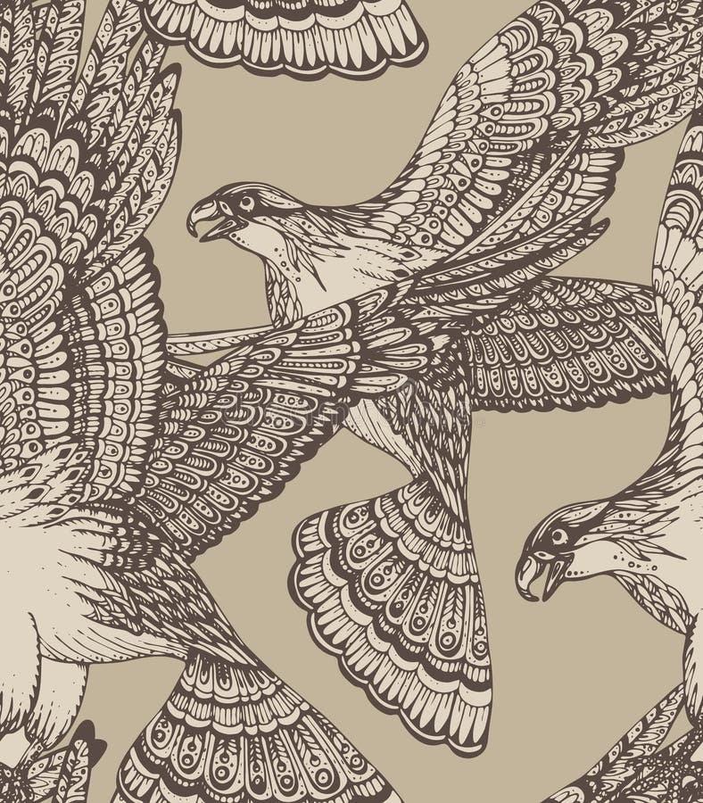 Vector Hand Drawn Seamless Pattern with Decorative Eagles Stock ...