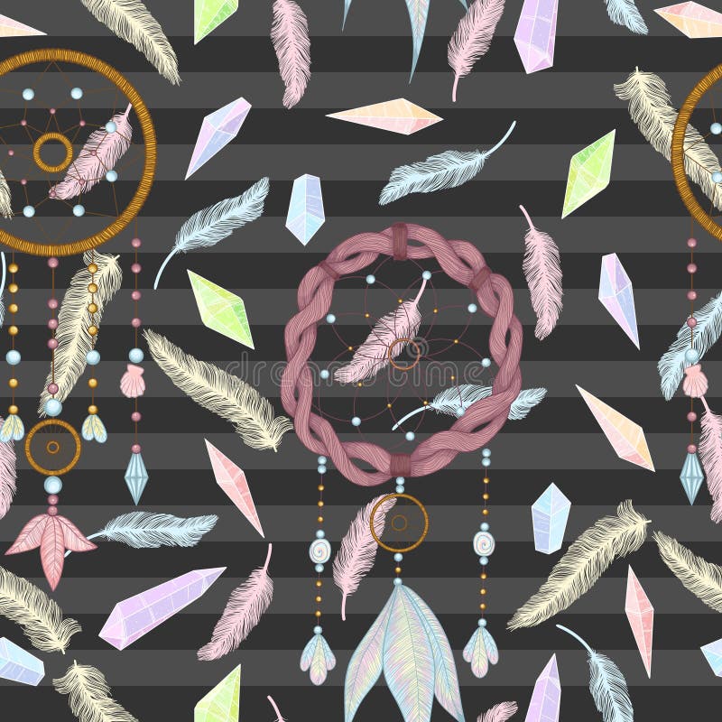 Vector Hand Drawn Seamless Pattern with Dream Catcher and Feathers ...