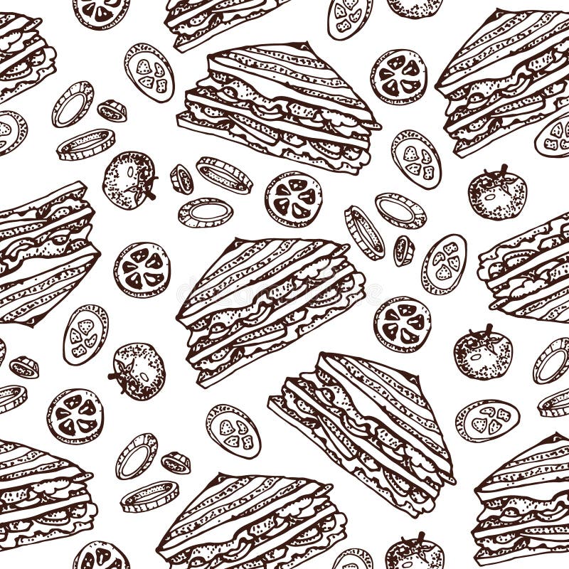 Vector Hand Drawn Seamless Pattern of Sandwich, Tomato and Onion. Stock ...