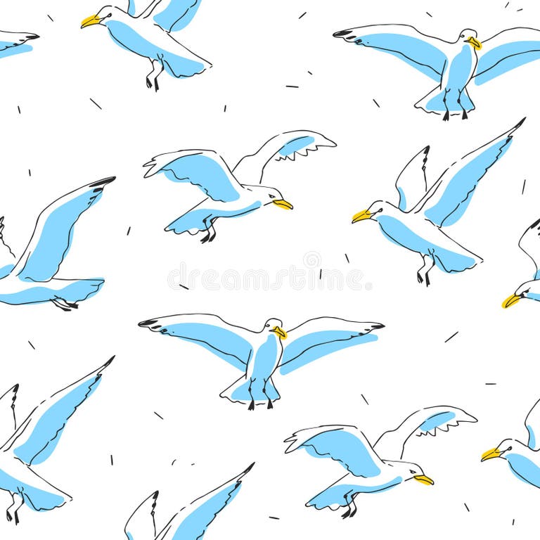 Vector Hand-drawn Seamless Pattern with Seagulls Isolated on White ...