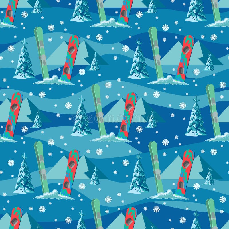 Vector Hand Drawn Seamless Pattern of Ski, Poles and Pine in Snow Stock ...