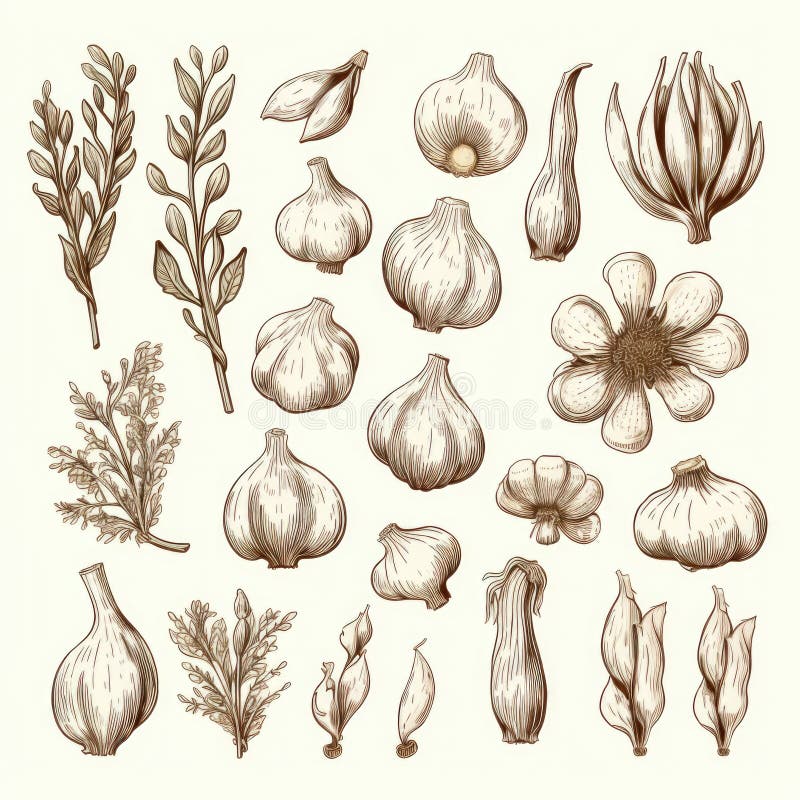 Vector Hand Drawn Set of Garlic. Herbs and Spices Sketch Illustration ... Vector Hand Drawn Set of Garlic. Herbs and Spices Sketch Illustration ...