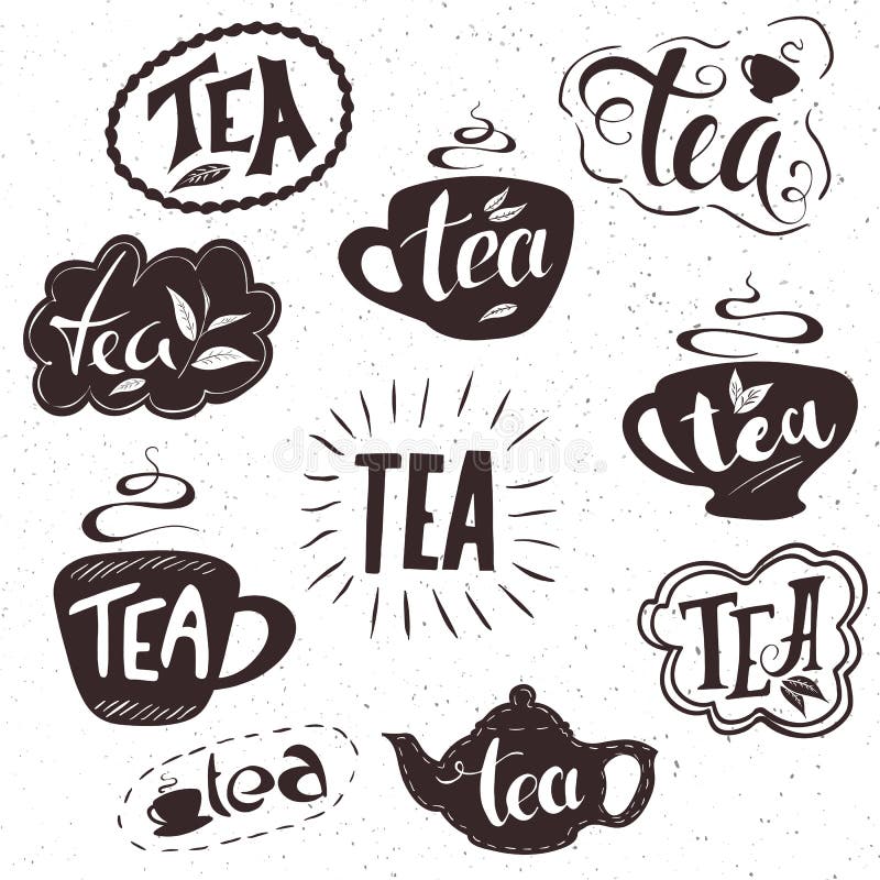 Vector Hand Drawn Set of Lettering Tea Badge, Labels, Signs. Monochrome ...
