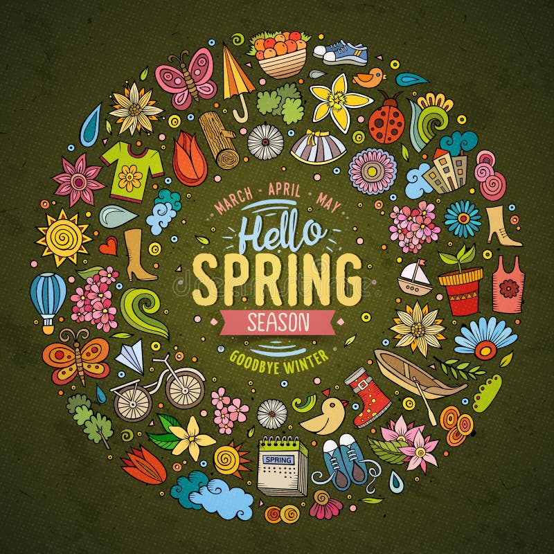 Vector Hand Drawn Set of Spring Cartoon Doodle Objects Stock Vector ...