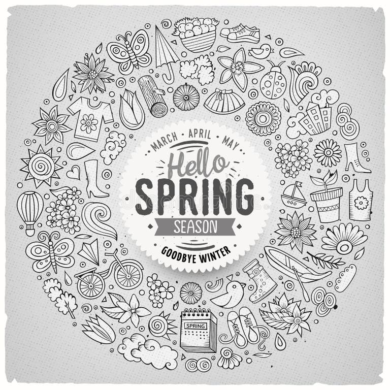 Vector Hand Drawn Set of Spring Cartoon Doodle Objects Stock Vector ...