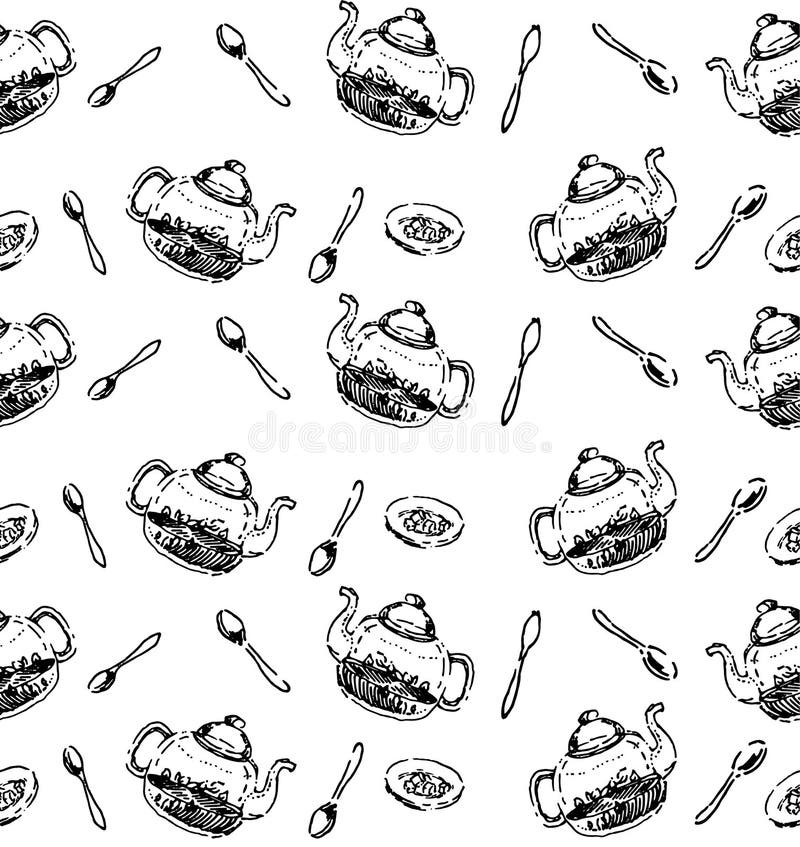 Vector Hand Drawn Sketch of Tea Pattern Seamless Pattern Illustration ...