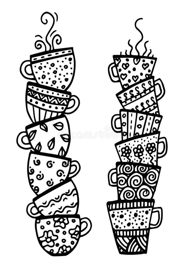 Vector Hand Drawn Stack of Cup Illustration for Adult Coloring Book ...