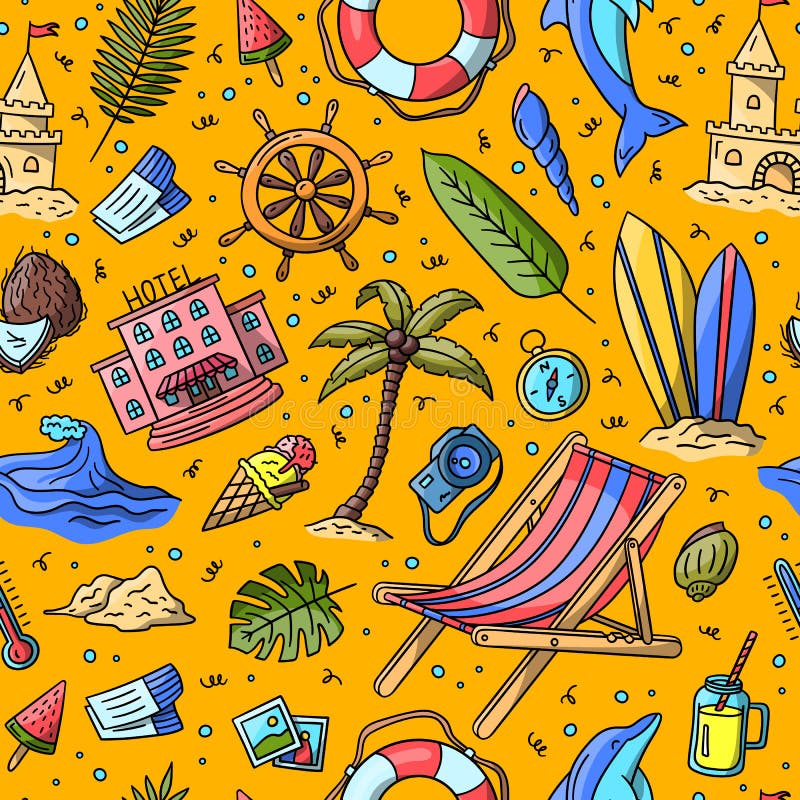 Vector Hand Drawn Summer Doodle Colored Seamless Pattern Background ...
