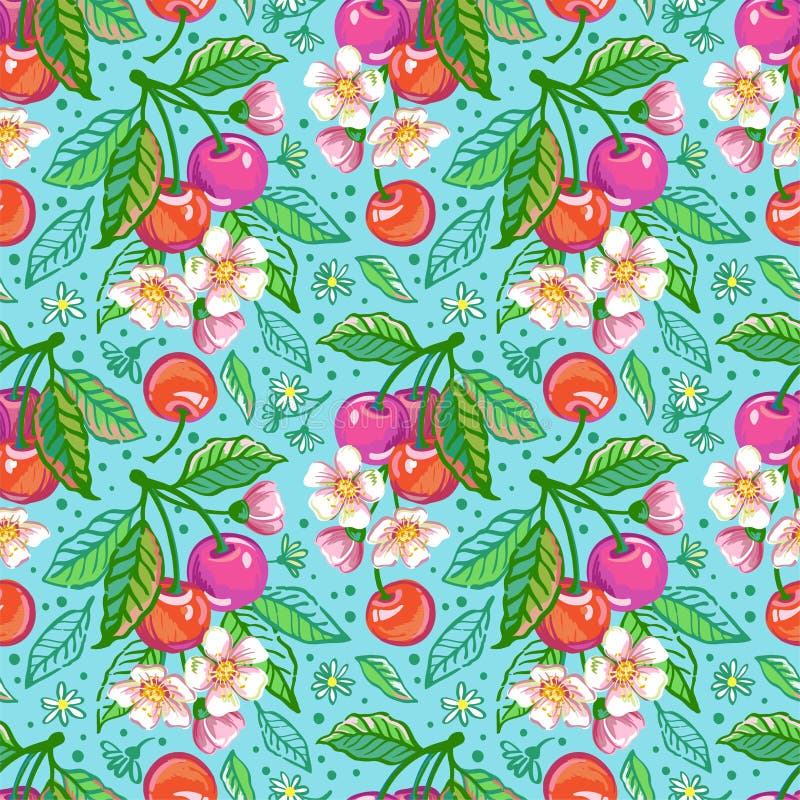 Vector Hand Drawn Summer Seamless Pattern of Cherry Branches with Fruit ...