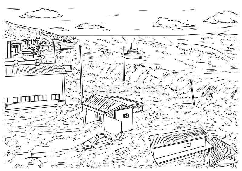 Vector Hand Drawn Tsunami Outline Illustration Stock Vector ...