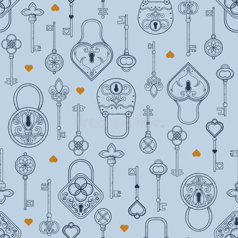 Vector Hand Drawn Vintage Blue Keys and Locks Seamless Pattern Print ...