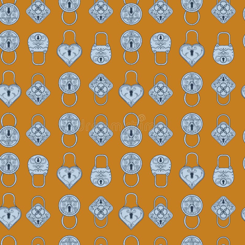 Vector Hand Drawn Vintage Blue Locks Seamless Pattern Print Background ...