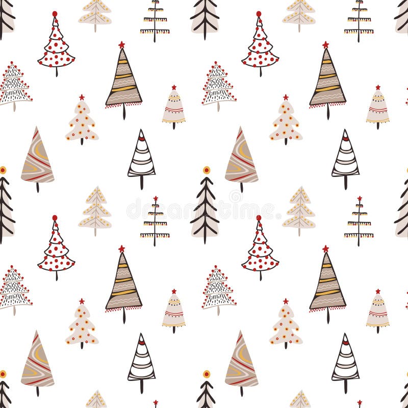 Vector Hand Drawn Winter Trees Pattern. Whimsical Doodles Christmas ...