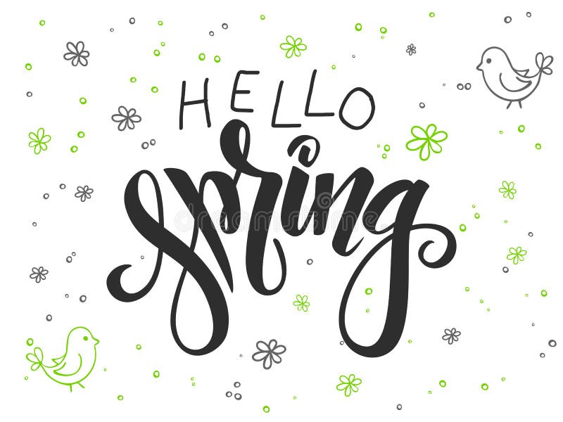 Vector Hand Lettering Greetings Text - Hello Spring with Doodle Flowers ...