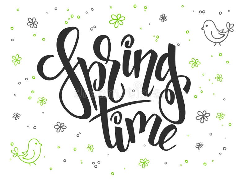 Vector Hand Lettering Greetings Text - Spring Time with Doodle Flowers ...