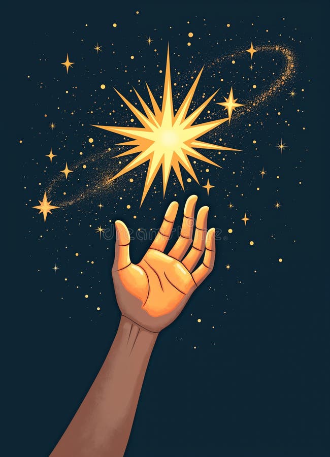 Vector of a Hand Reaching for a Glowing Star and Stars on Dark ...