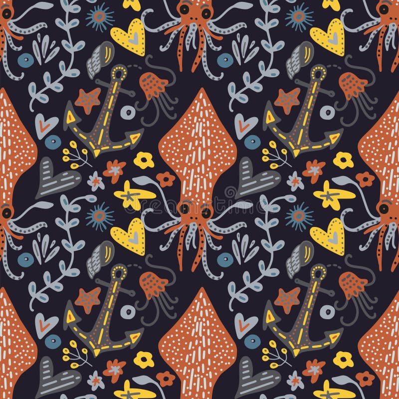 Vector Handdrawn Sea Pattern with Various Marine Animals. Stock Vector ...