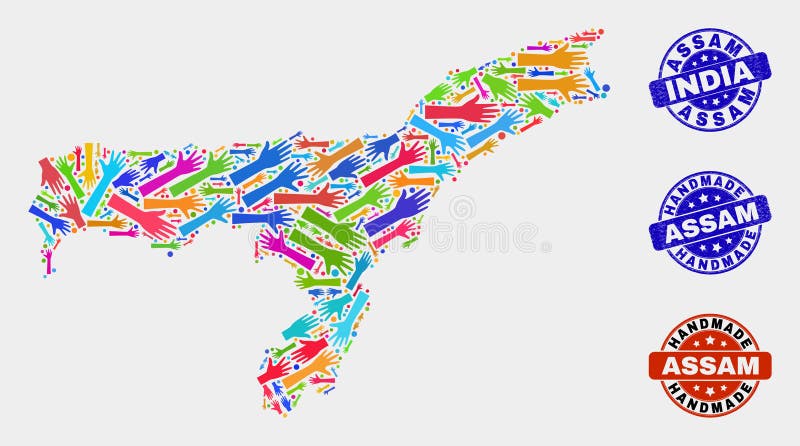 Hand Collage of Assam State Map and Scratched Handmade Stamps Stock ...