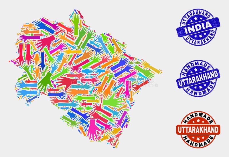 Hand Collage of Uttarakhand State Map and Textured Handmade Stamps ...