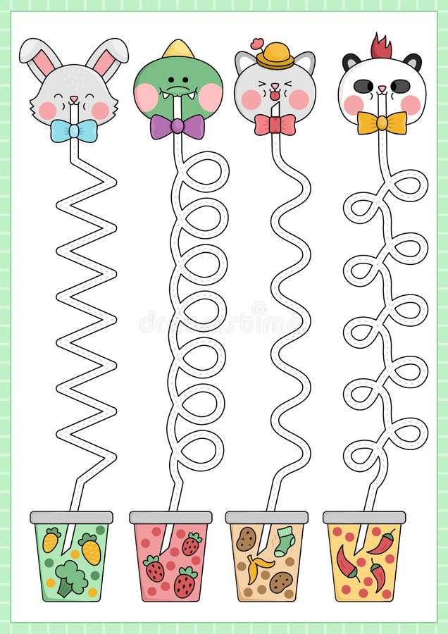 Vector Handwriting Practice Worksheet with Cute Kawaii Animals Drinking ...