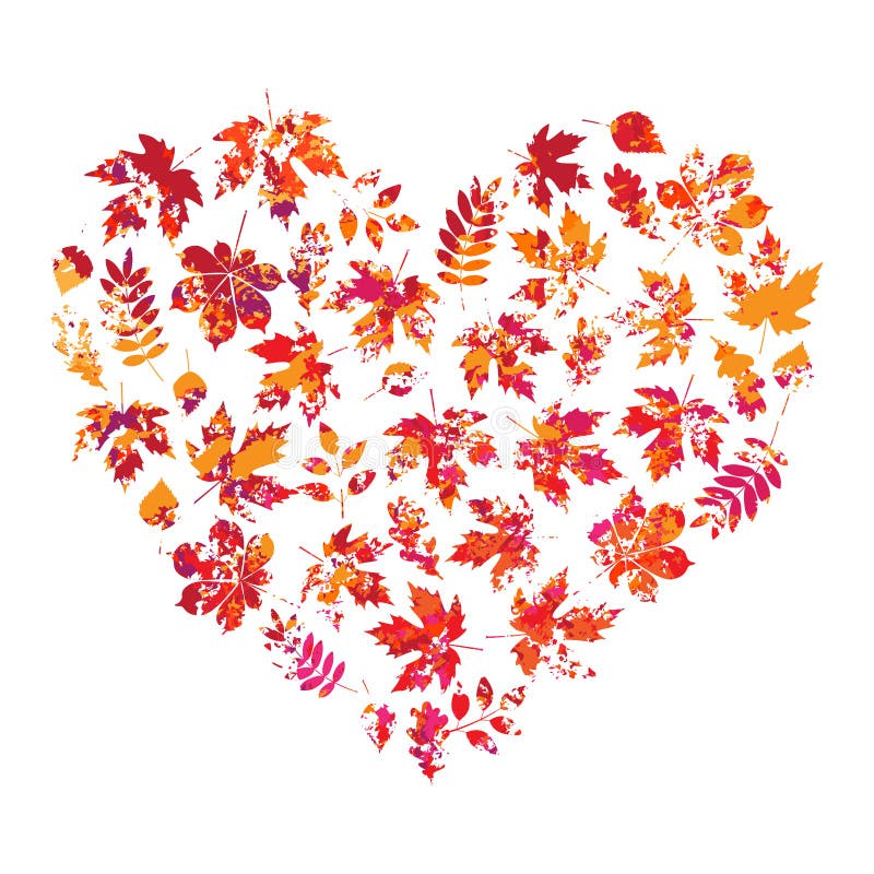 Vector Heart Made of Autumn Leaves on White Background in Grunge Style ...