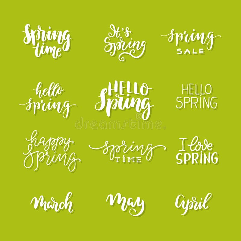 Vector Hello Spring Lettering Typography Set. Hand Written Style Stock ...