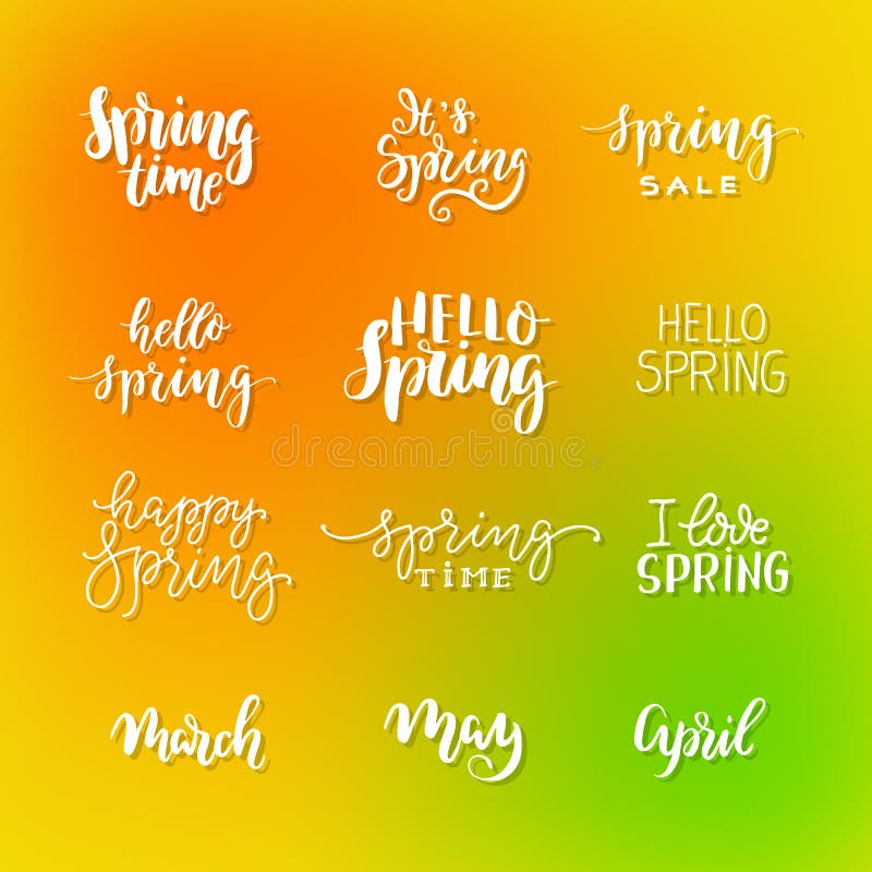 Vector Hello Spring Lettering Typography Set. Hand Written Style Stock ...